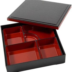 JapanBargain 1923, Red and Black Japanese Traditional Plastic Lacquered Lunch Bento Box 5 Compartments for Restaurant or Home Tray Plate and Lid 3pc Set Made in Japan, 9.5"x9.5"