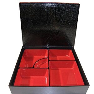 JapanBargain 1923, Red and Black Japanese Traditional Plastic Lacquered Lunch Bento Box 5 Compartments for Restaurant or Home Tray Plate and Lid 3pc Set Made in Japan, 9.5"x9.5"