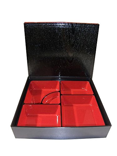 JapanBargain 1923, Red and Black Japanese Traditional Plastic Lacquered Lunch Bento Box 5 Compartments for Restaurant or Home Tray Plate and Lid 3pc Set Made in Japan, 9.5"x9.5"