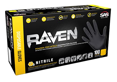 SAS Safety 66520 Raven Powder-Free Disposable Black Nitrile 7 Mil Mil Gloves, XXL , 100 Gloves by Weight