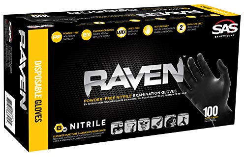 SAS Safety 66518 Raven Powder-Free Disposable Black Nitrile 7-Mil Gloves, Large, 100 Gloves by Weight