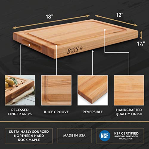 John Boos Block BBQBD Reversible Maple Wood Edge Grain BBQ Cutting Board with Juice Groove, 18 Inches x 12 Inches x 1.5 Inches