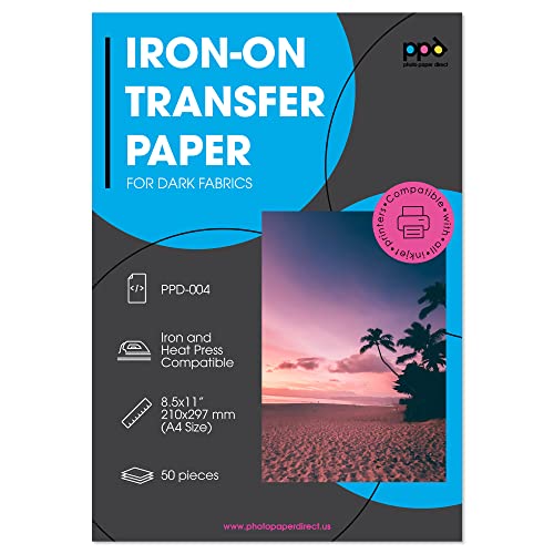 PPD Inkjet Premium Iron-On Dark T Shirt Transfers Paper LTR 8.5x11" Pack of 50 Sheets (PPD004-50)