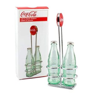 tablecraft coca-cola salt and pepper shaker set with chrome plated metal rack, coca-cola salt and pepper shaker set