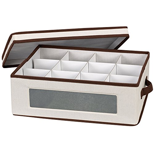 Household Essentials 538 Vision China Storage Box for Tea Cups and Mugs with Lid and Handles | Natural Canvas with Brown Trim