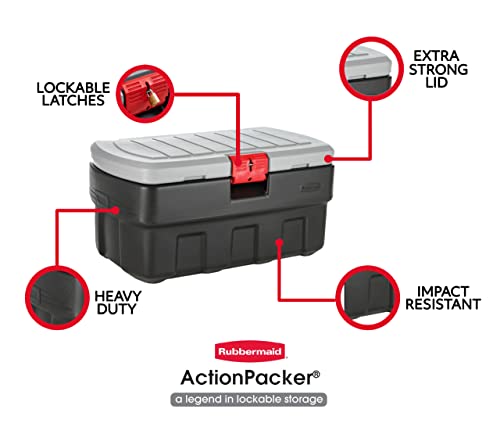 Rubbermaid ActionPacker Lockable Storage Box, 35 Gal, Grey and Black, Outdoor, Industrial, Rugged