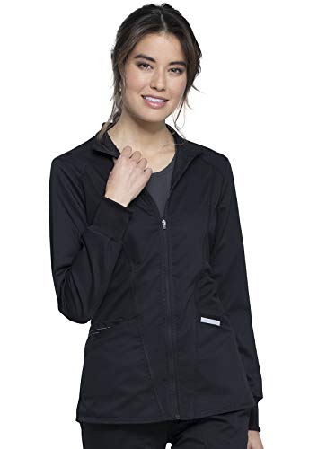 Cherokee Women Scrubs Jacket Workwear Revolution Zip Front High-Low WW301, M, Black