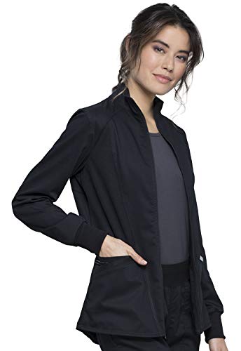 Cherokee Women Scrubs Jacket Workwear Revolution Zip Front High-Low WW301, M, Black