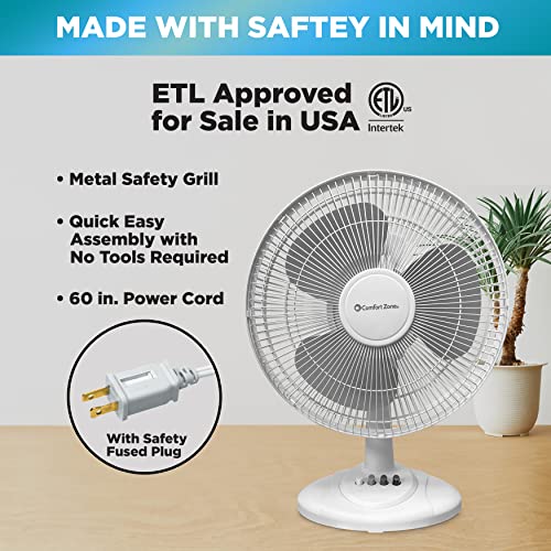 Comfort Zone CZ121WT 12” 3-Speed Oscillating Table Fan with Adjustable Tilt, Convenient Push Button Controls, Quiet Operation, White