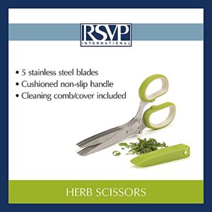 RSVP International (SNIP) Stainless Steel 5 Blade Herb Scissors, Green/White | Cut, Chop, Mince & Snip Herbs | Easy & Safe to Store | Use with Basil, Thyme, Parsley & More | Dishwasher Safe