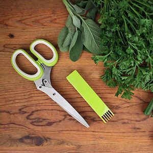 RSVP International (SNIP) Stainless Steel 5 Blade Herb Scissors, Green/White | Cut, Chop, Mince & Snip Herbs | Easy & Safe to Store | Use with Basil, Thyme, Parsley & More | Dishwasher Safe