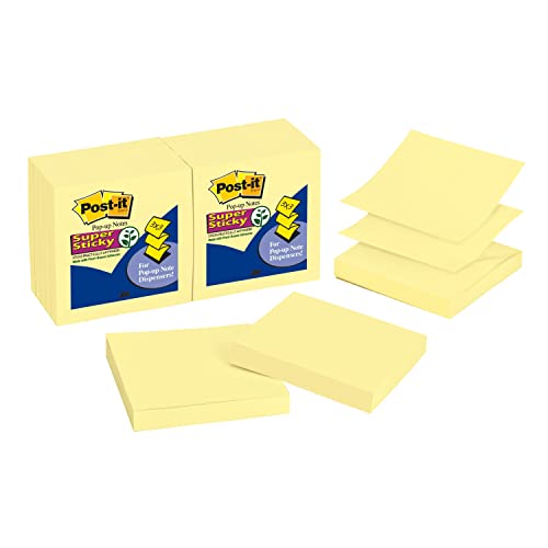 Post-it Super Sticky Pop-up Notes, 3x3 in, 12 Pads, 2x the Sticking Power, Canary Yellow, Recyclable (R330-12SSC)