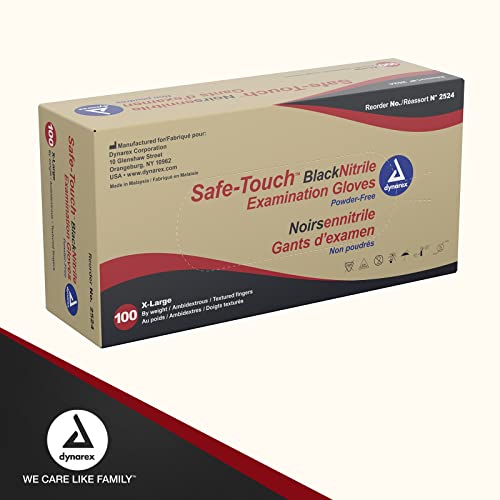 Dynarex Safe-Touch Black Disposable Nitrile Exam Gloves, Powder-Free, Used in Healthcare and Professional Settings, Law Enforcement, Tattoo, Salon or Spa, Extra-Large, 1 Box of 100