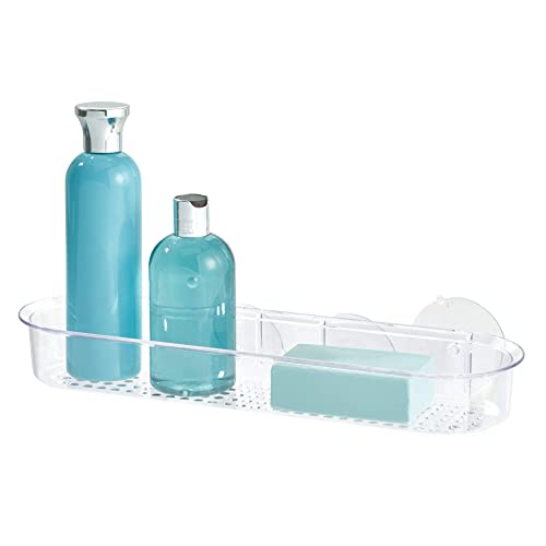 iDesign Plastic Bathroom Suction Holder, Shower Organizer Shelf Basket for Sponges, Scrubbers, Soap, Shampoo, Conditioner, 15" x 4.5" x 2" - Clear