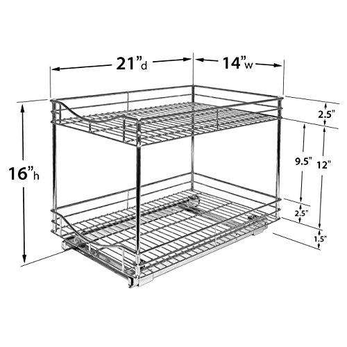 LYNK PROFESSIONAL® Pull Out Cabinet Organizer, Double - Slide Out Pantry Shelves - Sliding Storage for Inside Kitchen Cabinet or Under Sink - Roll Out Drawer for Pots, Pans - 14" x 21" Deep - Chrome