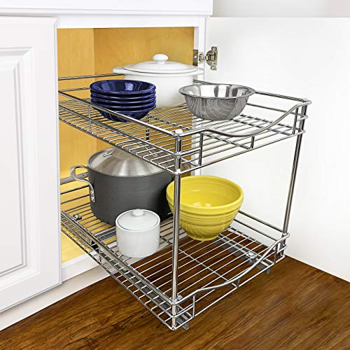 LYNK PROFESSIONAL® Pull Out Cabinet Organizer, Double - Slide Out Pantry Shelves - Sliding Storage for Inside Kitchen Cabinet or Under Sink - Roll Out Drawer for Pots, Pans - 14" x 21" Deep - Chrome