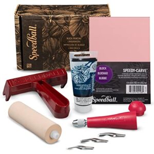 speedball super value block printing starter kit – includes ink, brayer, lino handle and cutters, speedy-carve