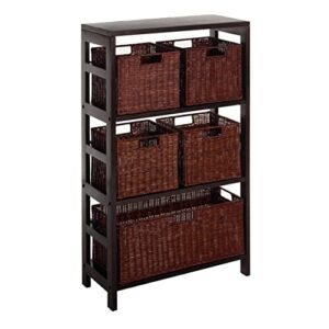 winsome wood leo wood 4 tier shelf with 5 rattan baskets – 1 large; 4 small in espresso finish