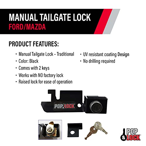 Pop & Lock – Manual Tailgate Lock for Ford F150, Fits 1987 to 1996 - Works Only with Factory Plastic Handle (Black, PL2310)