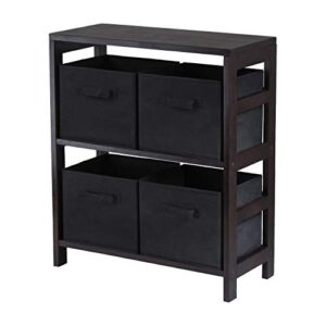 winsome wood capri wood 2 section storage shelf with 4 black fabric foldable baskets