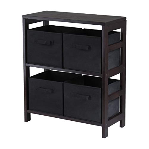 Winsome Wood Capri Wood 2 Section Storage Shelf with 4 Black Fabric Foldable Baskets