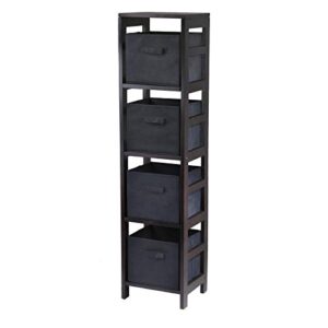 winsome wood capri wood 4 section storage shelf with 4 black fabric foldable baskets