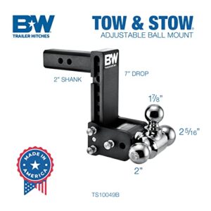 B&W Trailer Hitches Tow & Stow Adjustable Trailer Hitch Ball Mount - Fits 2" Receiver, Tri-Ball (1-7/8" x 2" x 2-5/16"), 7" Drop, 10,000 GTW - TS10049B