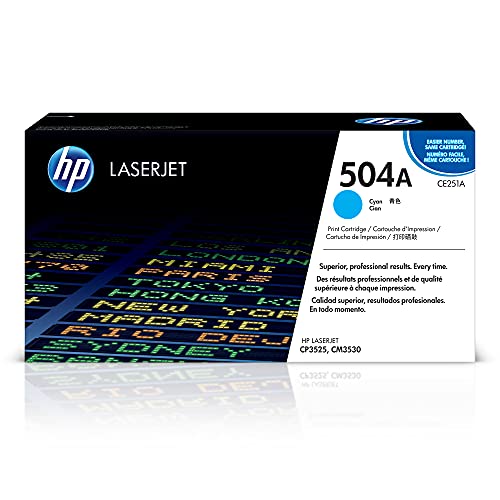 Original HP 504A Cyan Toner Cartridge | Works with HP Color LaserJet CM3530, CP3525 Series | CE251A