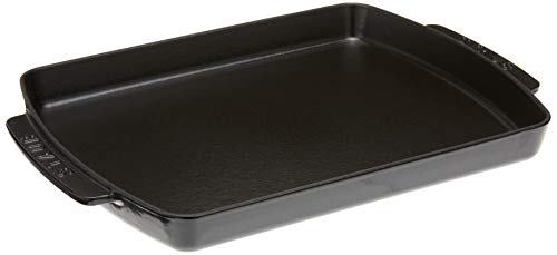 Staub Cast Iron 13 x 9-inch Rectangular Serving Dish with Wood Base - Matte Black, Made in France