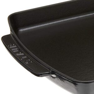 Staub Cast Iron 13 x 9-inch Rectangular Serving Dish with Wood Base - Matte Black, Made in France