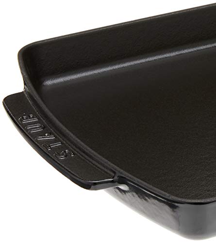 Staub Cast Iron 13 x 9-inch Rectangular Serving Dish with Wood Base - Matte Black, Made in France