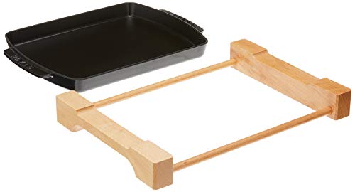 Staub Cast Iron 13 x 9-inch Rectangular Serving Dish with Wood Base - Matte Black, Made in France