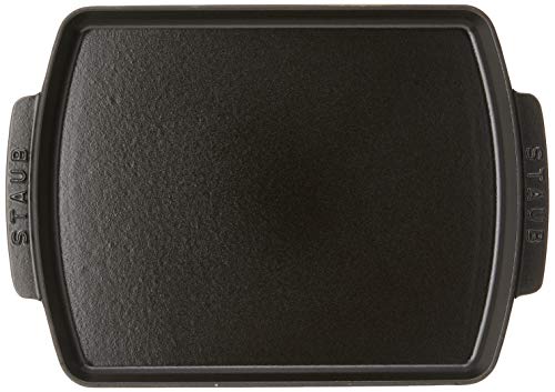 Staub Cast Iron 13 x 9-inch Rectangular Serving Dish with Wood Base - Matte Black, Made in France