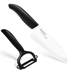 kyocera advanced ceramic revolution series 5-1/2-inch santoku knife and y peeler set, black