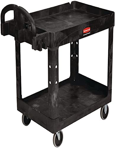 Rubbermaid Commercial Products 2-Shelf Utility/Service Cart, Medium, Lipped Shelves, Ergonomic Handle, 500 Lbs Capacity, for Warehouse/Garage/Cleaning/Manufacturing (FG452088BlA)