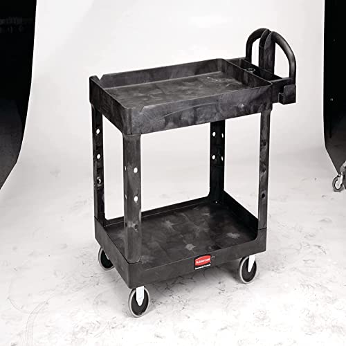 Rubbermaid Commercial Products 2-Shelf Utility/Service Cart, Medium, Lipped Shelves, Ergonomic Handle, 500 Lbs Capacity, for Warehouse/Garage/Cleaning/Manufacturing (FG452088BlA)