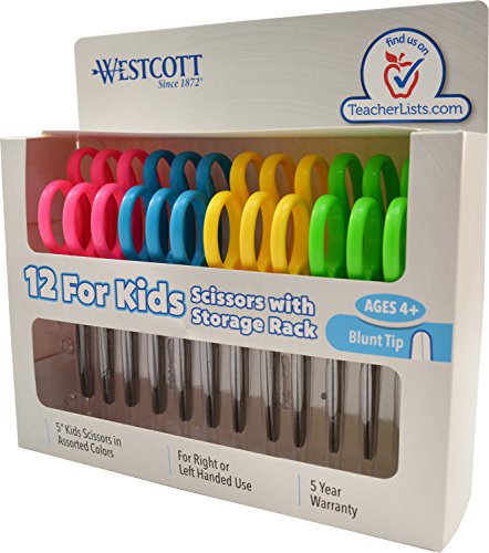 Westcott 13140 Right- and Left-Handed Scissors, Kids' Scissors, Ages 4-8, 5-Inch Blunt Tip, Assorted, 12 Pack