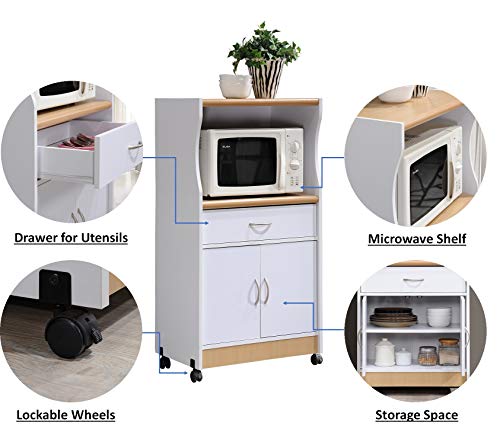 HODEDAH IMPORT Microwave Cart with One Drawer, Two Doors, and Shelf for Storage, White