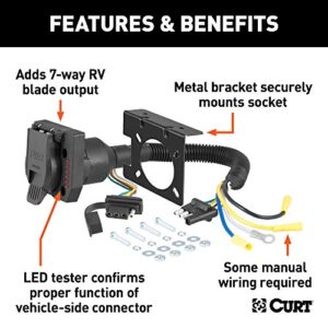 CURT 57674 Dual-Output 4-Way Flat Vehicle-Side to 7-Way RV Blade Trailer Wiring Adapter with Tester , black