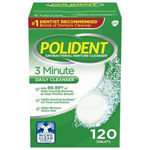 polident 3-minute antibacterial denture cleanser – mint, 3 minute whitening, 120 count