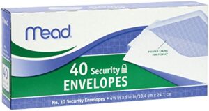 mead #10 envelopes, security printed lining for privacy, gummed closure, all-purpose 20-ib paper, 4-1/8″ x 9-1/2″, white, 40/box (75214)