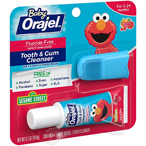 Orajel Elmo Fluoride-Free Tooth & Gum Cleanser with Finger Brush, Combo Pack, Fruity Fun Flavored Non-Fluoride, 0.7 oz.