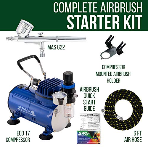 Master Airbrush Multi-purpose Gravity Feed Dual-action Airbrush Kit with 6 Foot Hose and a Powerful 1/5hp Single Piston Quiet Air Compressor