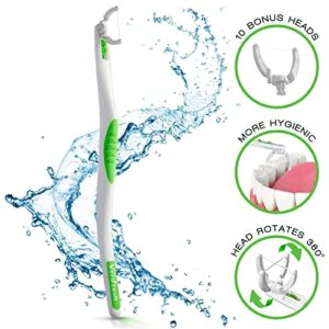 VeriFloss Dental Flosser with 10 Head Refill - Teeth Flossers for Adults & Kids, Flossing Tool - Ergonomic Design w/360° Swivel Head, Glide Lock - Reusable Floss Picks, Cleaning Kit - VeriFresh