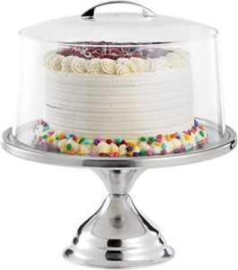 tablecraft cake stand with dome, clear acrylic shatterproof lid cover with stainless steel display pedestal, domed to fit 12 inches in diameter cakes, pies and pastry, commercial restaurant use