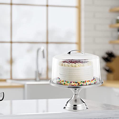 Tablecraft Cake Stand with Dome, Clear Acrylic Shatterproof Lid Cover with Stainless Steel Display Pedestal, Domed to Fit 12 Inches in Diameter Cakes, Pies and Pastry, Commercial Restaurant Use