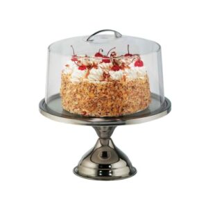 Tablecraft Cake Stand with Dome, Clear Acrylic Shatterproof Lid Cover with Stainless Steel Display Pedestal, Domed to Fit 12 Inches in Diameter Cakes, Pies and Pastry, Commercial Restaurant Use