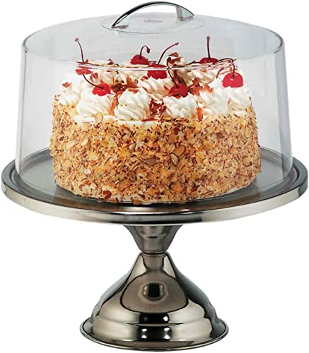 Tablecraft Cake Stand with Dome, Clear Acrylic Shatterproof Lid Cover with Stainless Steel Display Pedestal, Domed to Fit 12 Inches in Diameter Cakes, Pies and Pastry, Commercial Restaurant Use