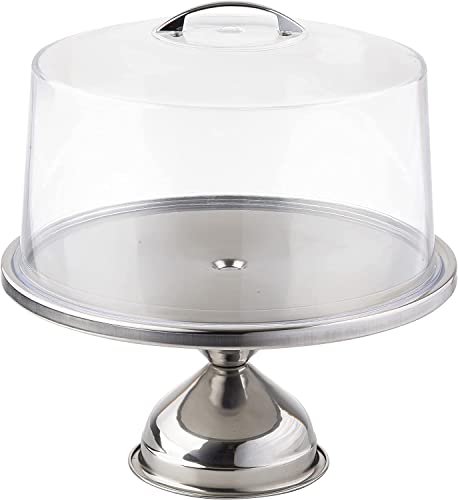 Tablecraft Cake Stand with Dome, Clear Acrylic Shatterproof Lid Cover with Stainless Steel Display Pedestal, Domed to Fit 12 Inches in Diameter Cakes, Pies and Pastry, Commercial Restaurant Use