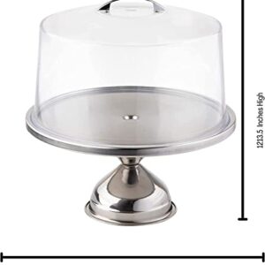 Tablecraft Cake Stand with Dome, Clear Acrylic Shatterproof Lid Cover with Stainless Steel Display Pedestal, Domed to Fit 12 Inches in Diameter Cakes, Pies and Pastry, Commercial Restaurant Use